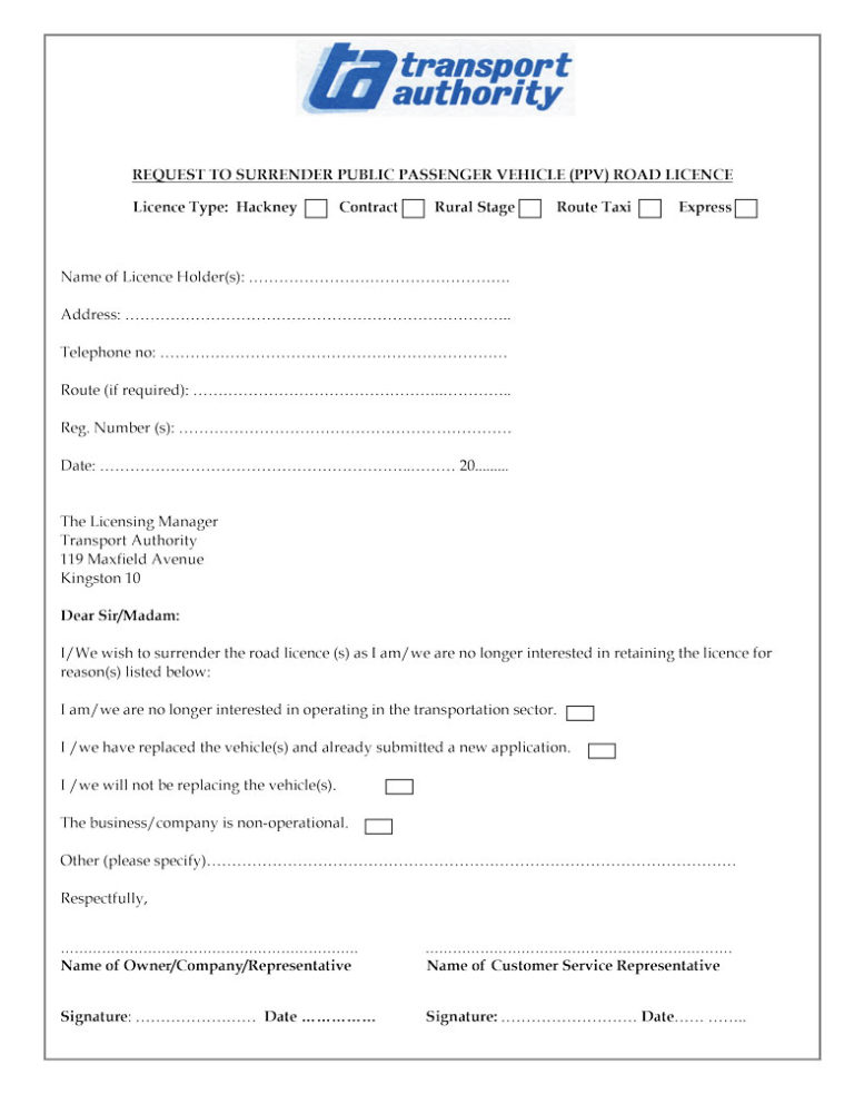 How To Surrender PPV Road Licence - Application Form - How to Jamaica